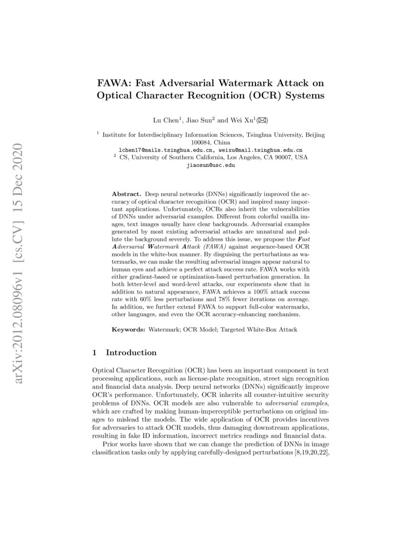 FAWA: Fast Adversarial Watermark Attack on Optical Character ...