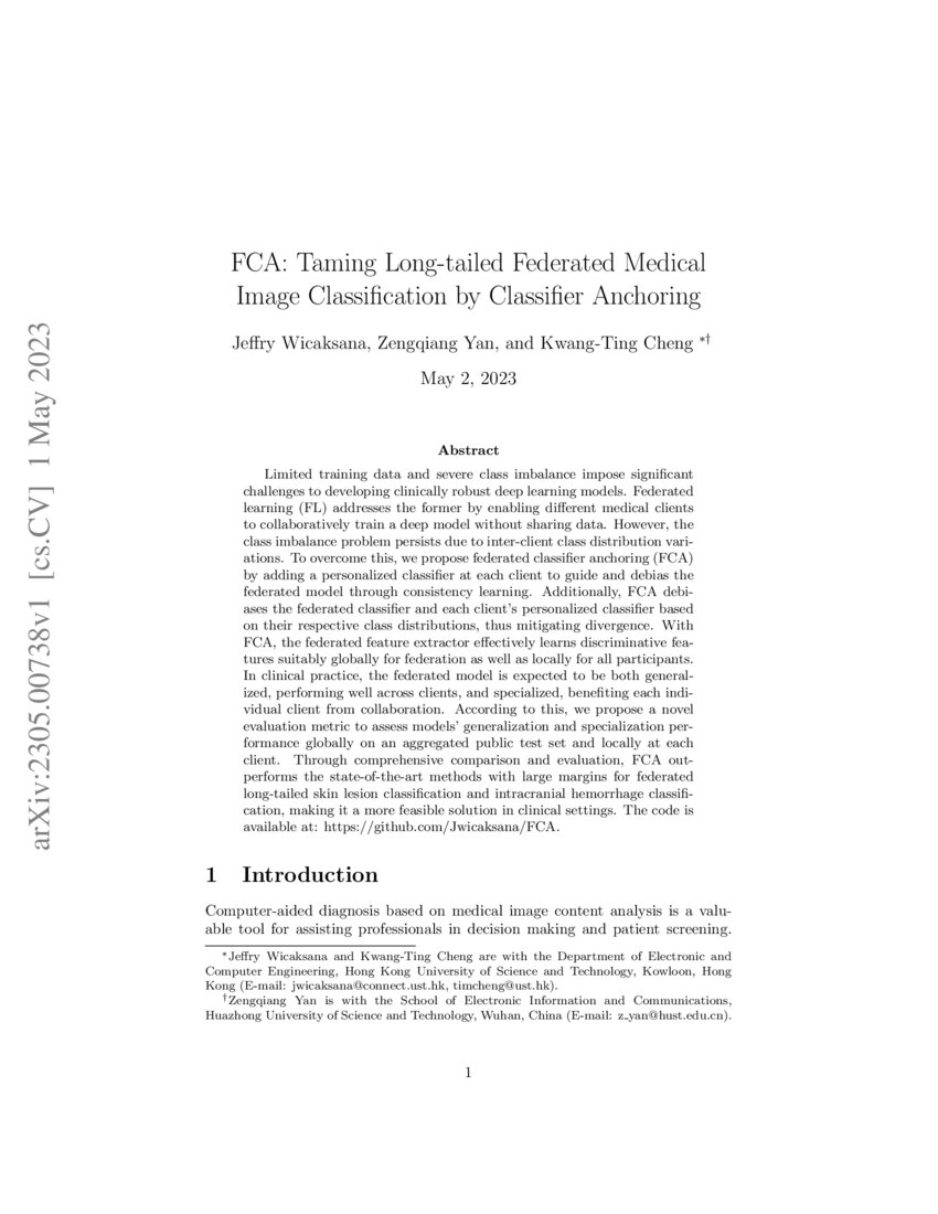 FCA: Taming Long-tailed Federated Medical Image Classification by Classifier Anchoring | DeepAI