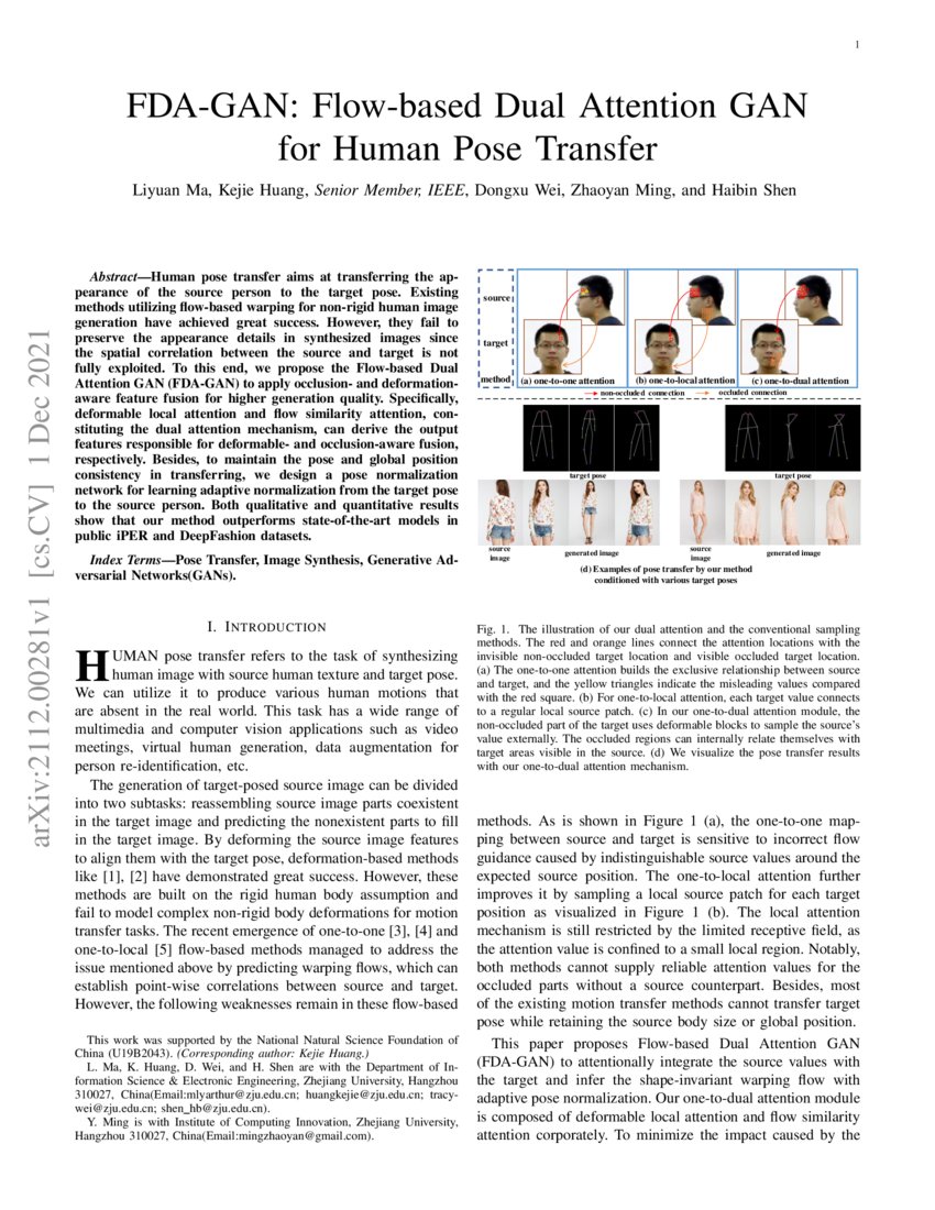 FDA-GAN: Flow-based Dual Attention GAN for Human Pose Transfer | DeepAI