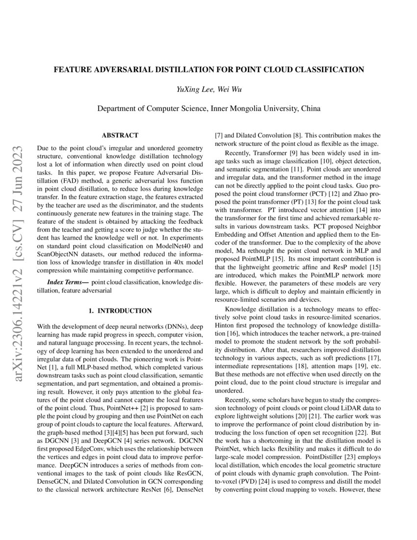 Feature Adversarial Distillation for Point Cloud Classification | DeepAI