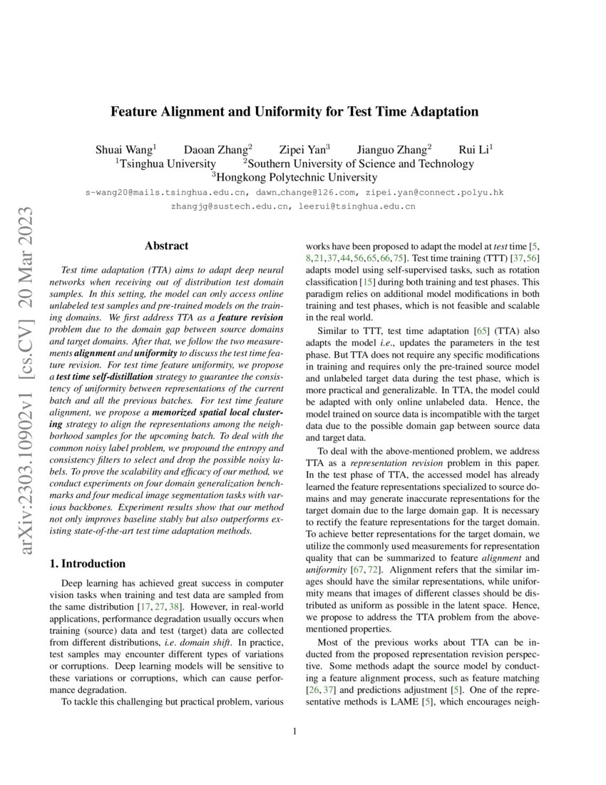 Feature Alignment and Uniformity for Test Time Adaptation | DeepAI