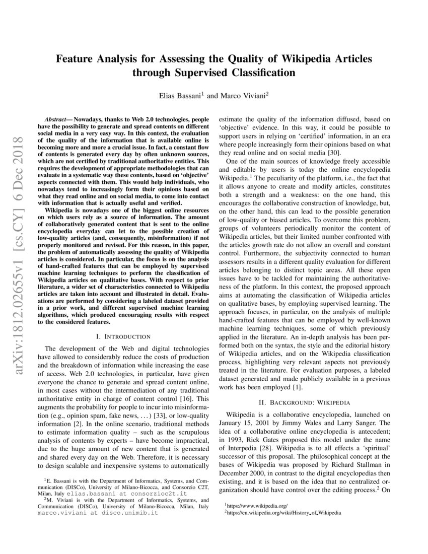 Feature Analysis for Assessing the Quality of Wikipedia Articles ...