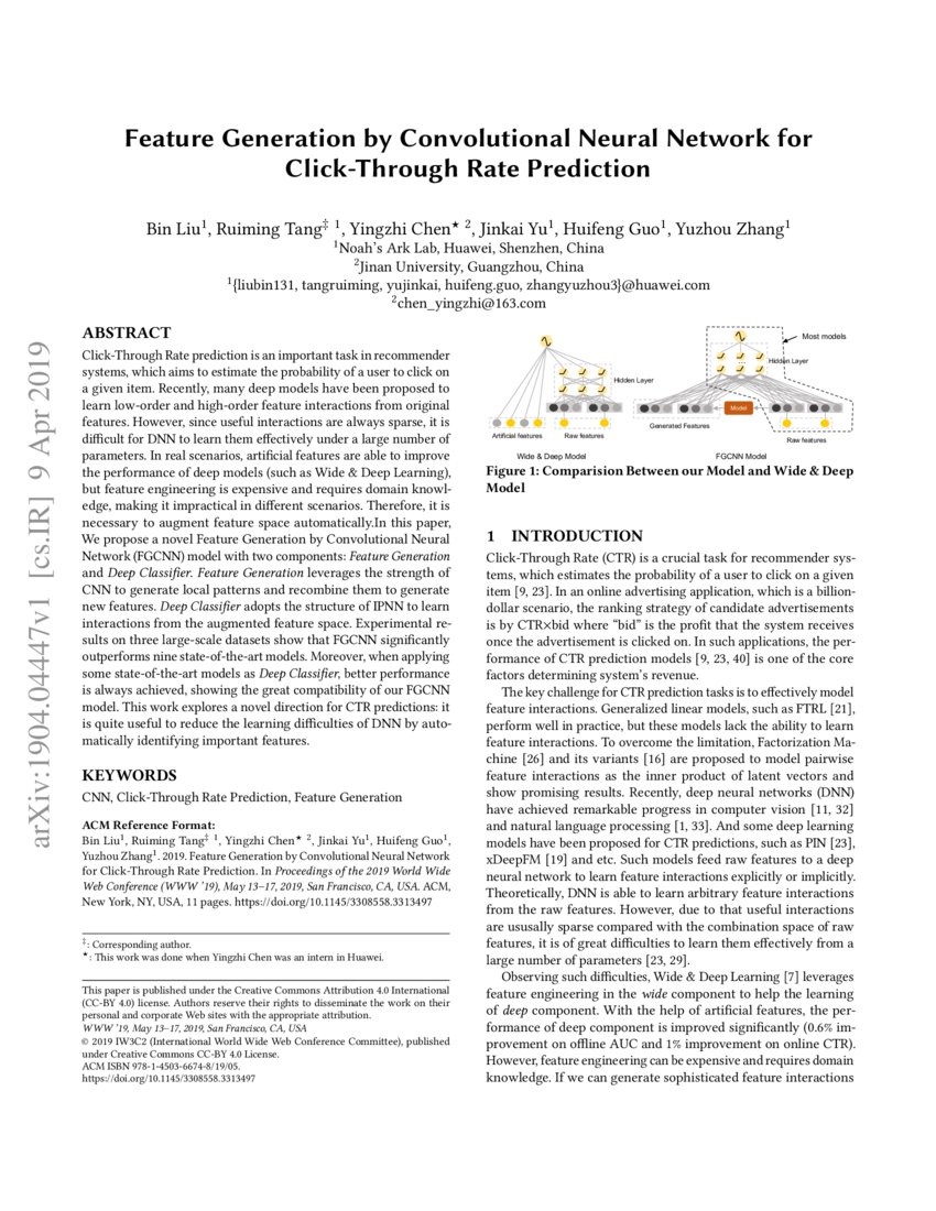 Feature Generation By Convolutional Neural Network For Click Through Rate Prediction Deepai