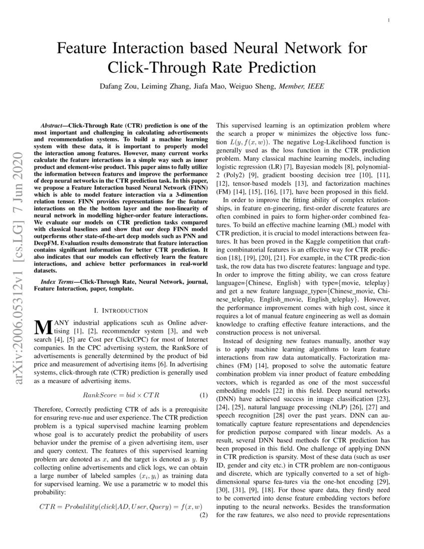 Feature Interaction Based Neural Network For Click Through Rate Prediction Deepai 