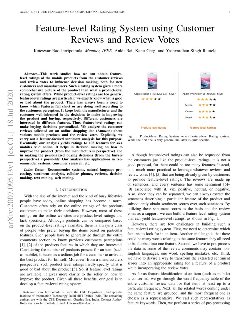 Feature-level Rating System using Customer Reviews and Review Votes ...