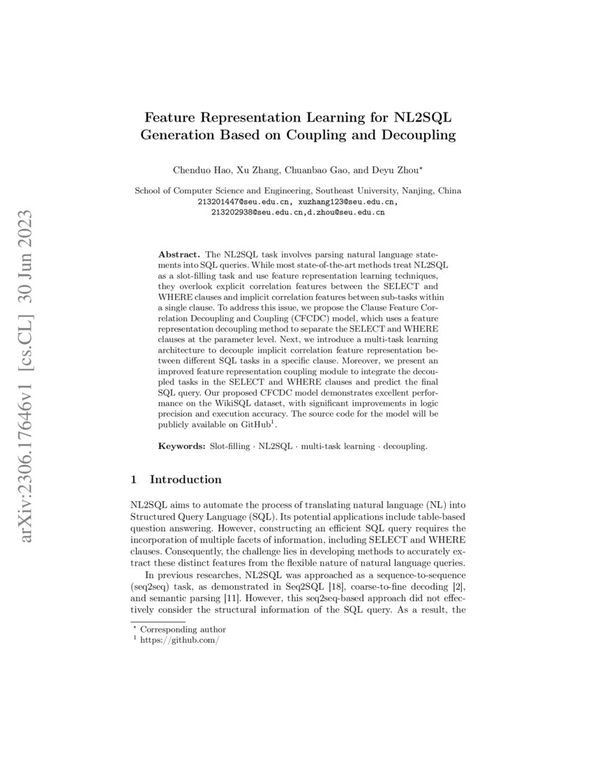 Feature Representation Learning For Nl2sql Generation Based On Coupling