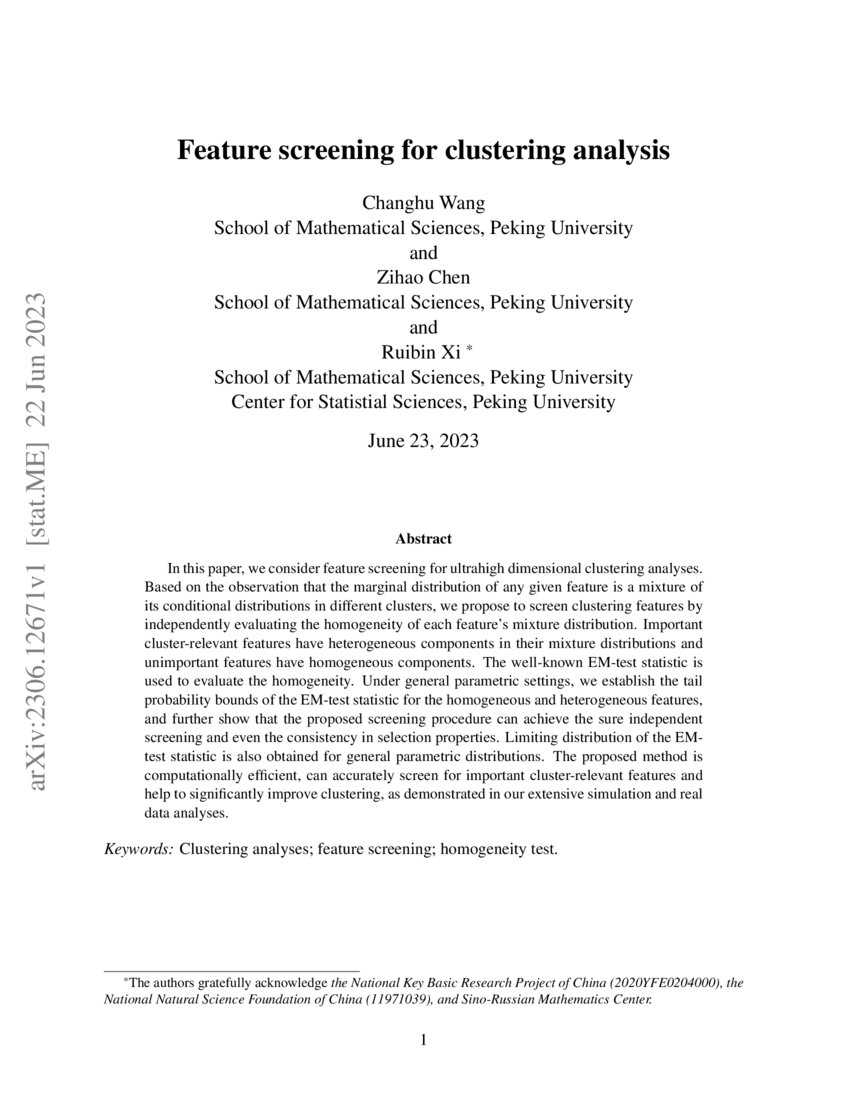 Feature Screening For Clustering Analysis Deepai