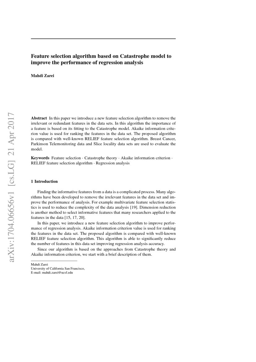 Feature Selection Algorithm Based On Catastrophe Model To Improve The