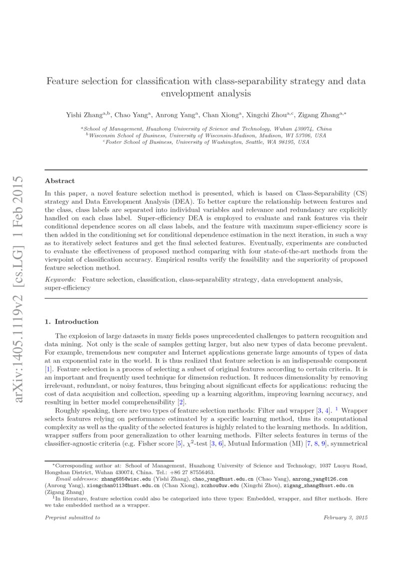 Feature Selection For Classification With Class Separability Strategy