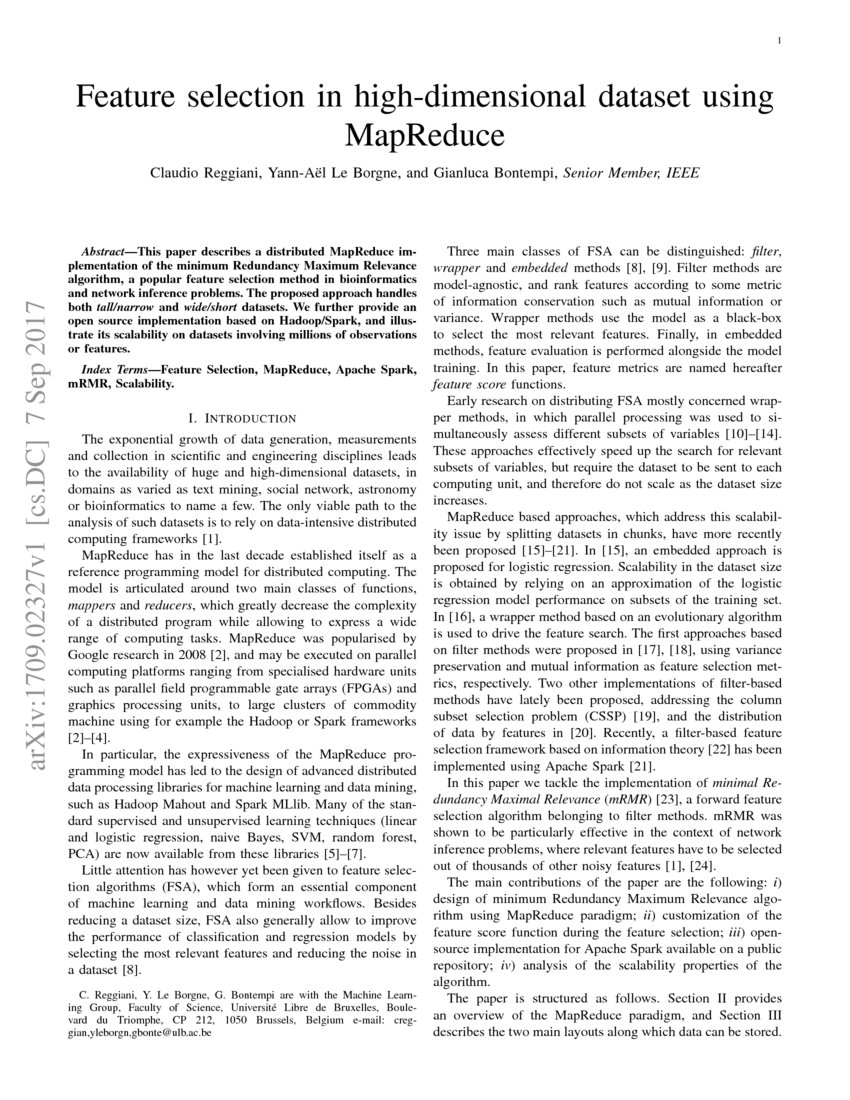 Feature selection in high-dimensional dataset using MapReduce | DeepAI