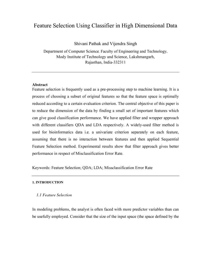 Feature Selection Using Classifier in High Dimensional Data | DeepAI