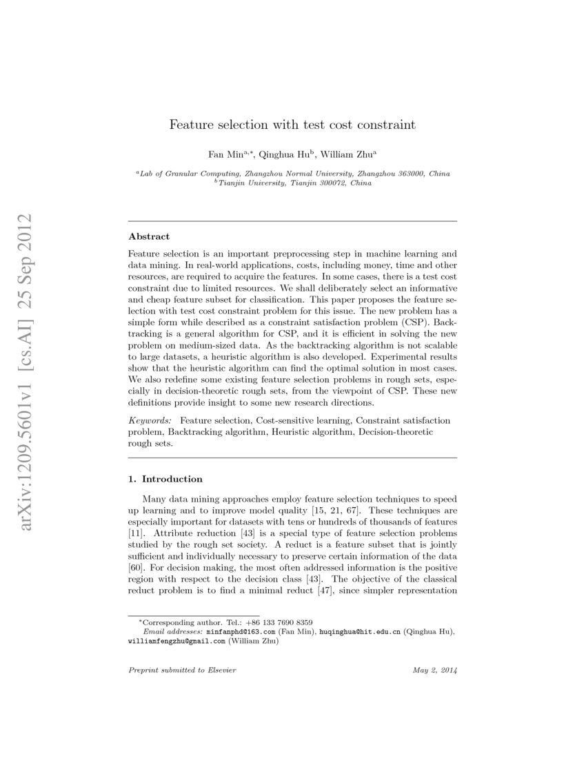 Feature selection with test cost constraint | DeepAI