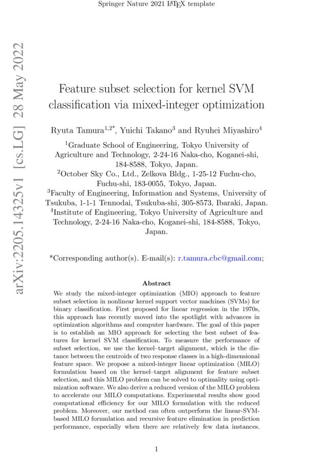 Feature Subset Selection For Kernel Svm Classification Via Mixed Integer Optimization Deepai