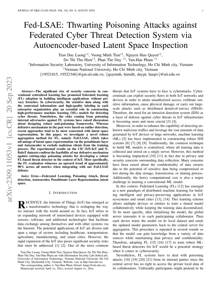 Fed Lsae Thwarting Poisoning Attacks Against Federated Cyber Threat Detection System Via 