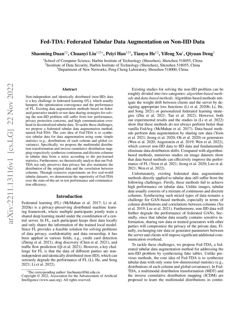 Fed-TDA: Federated Tabular Data Augmentation on Non-IID Data | DeepAI Fed-TDA: Federated Tabular Data Augmentation on Non-IID Data | DeepAI