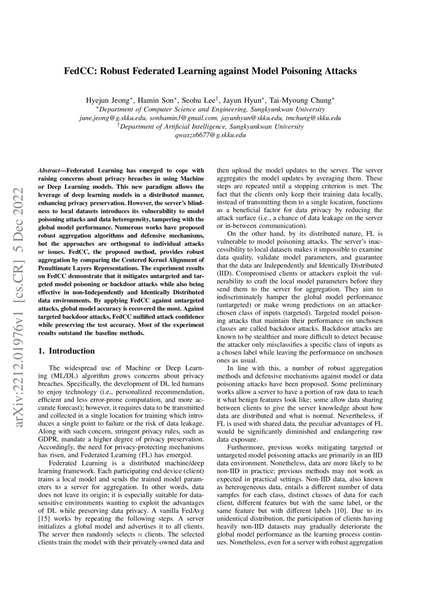FedCC: Robust Federated Learning against Model Poisoning Attacks | DeepAI FedCC: Robust Federated Learning against Model Poisoning Attacks | DeepAI
