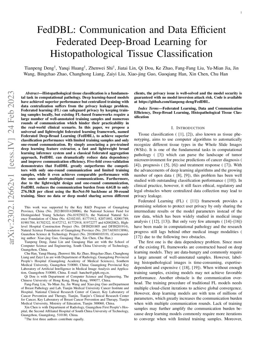 Feddbl Communication And Data Efficient Federated Deep Broad Learning For Histopathological