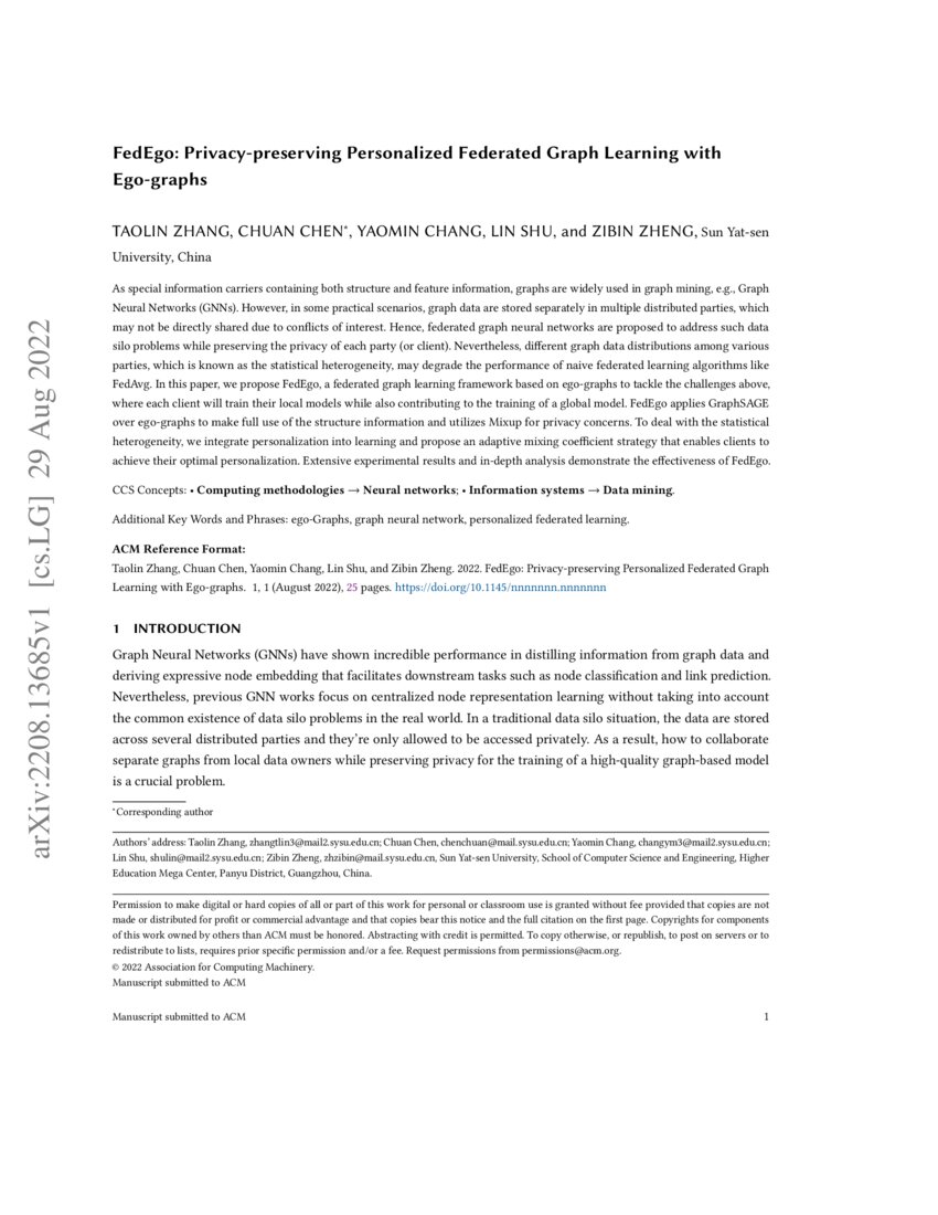 Fedego Privacy Preserving Personalized Federated Graph Learning With Ego Graphs Deepai