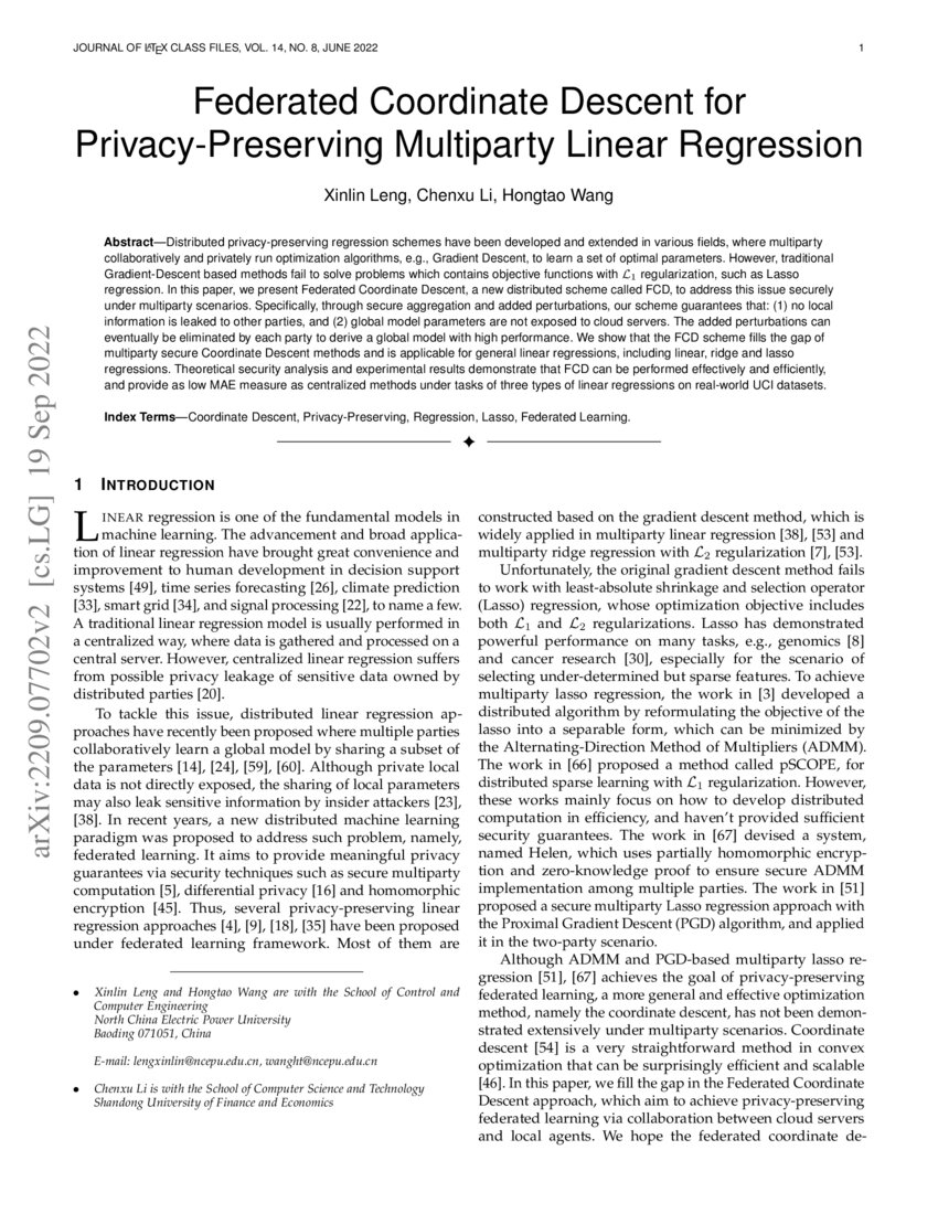 Federated Coordinate Descent For Privacy Preserving Multiparty Linear Regression Deepai 