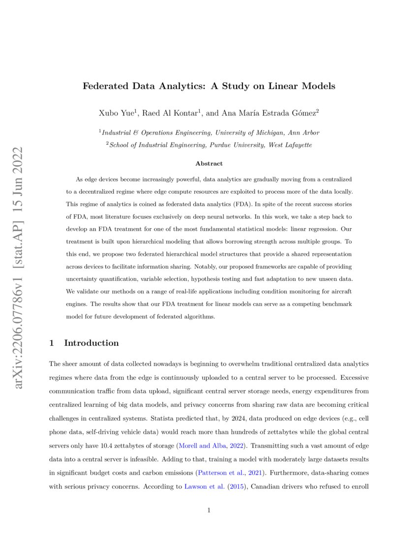 Federated Data Analytics: A Study on Linear Models | DeepAI
