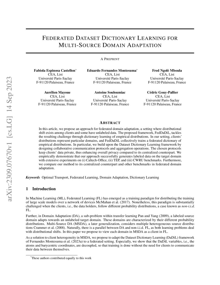 Federated Dataset Dictionary Learning For Multi Source Domain Adaptation Deepai