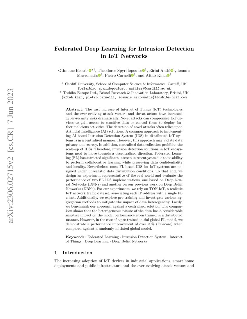 Federated Deep Learning For Intrusion Detection In Iot Networks Deepai