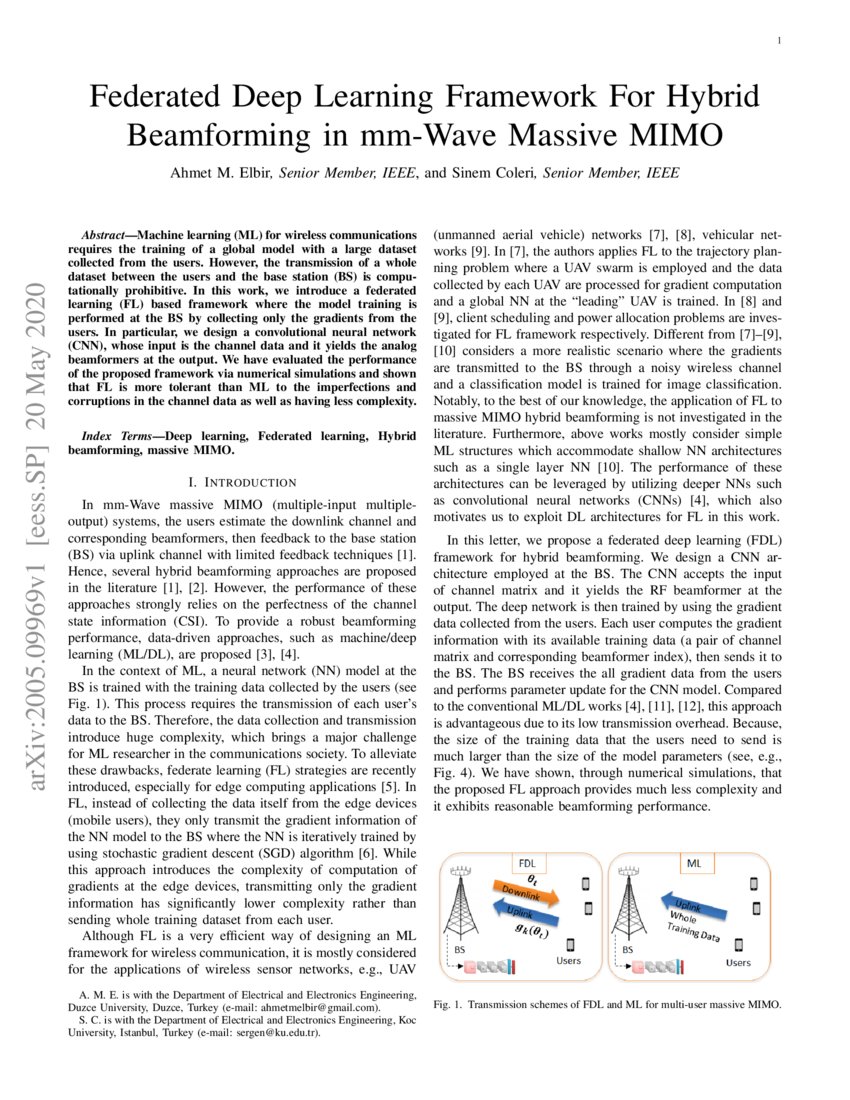 Federated Deep Learning Framework For Hybrid Beamforming in mm-Wave Massive MIMO | DeepAI