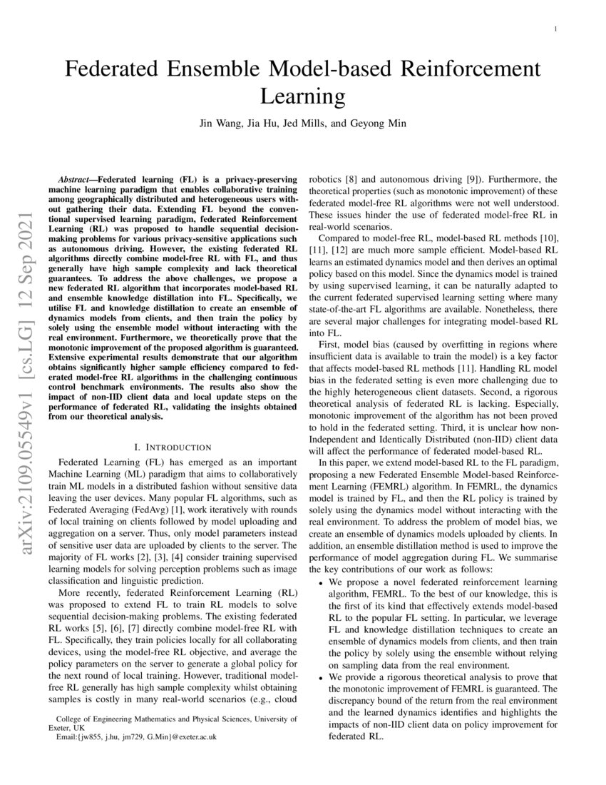Federated Ensemble Model-based Reinforcement Learning | DeepAI Federated Ensemble Model-based Reinforcement Learning | DeepAI