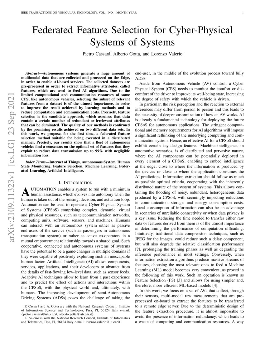 Federated Feature Selection for Cyber-Physical Systems of Systems | DeepAI
