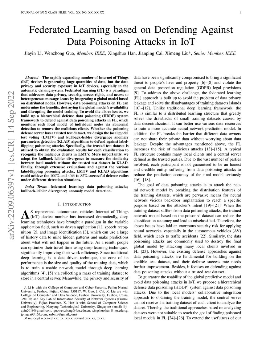 Federated Learning based on Defending Against Data Poisoning Attacks in ... Federated Learning based on Defending Against Data Poisoning Attacks in ...