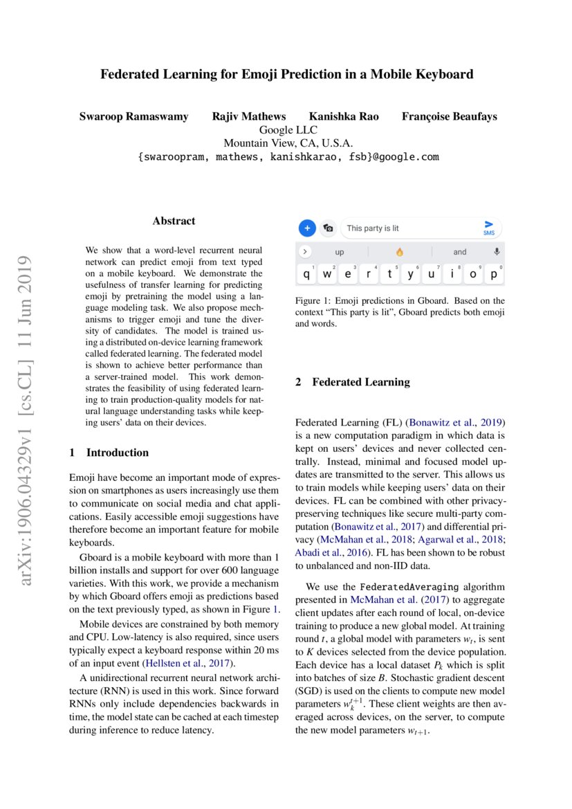 Federated Learning for Emoji Prediction in a Mobile Keyboard | DeepAI