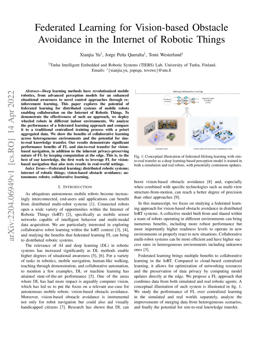 Federated Learning For Vision Based Obstacle Avoidance In The Internet Of Robotic Things Deepai