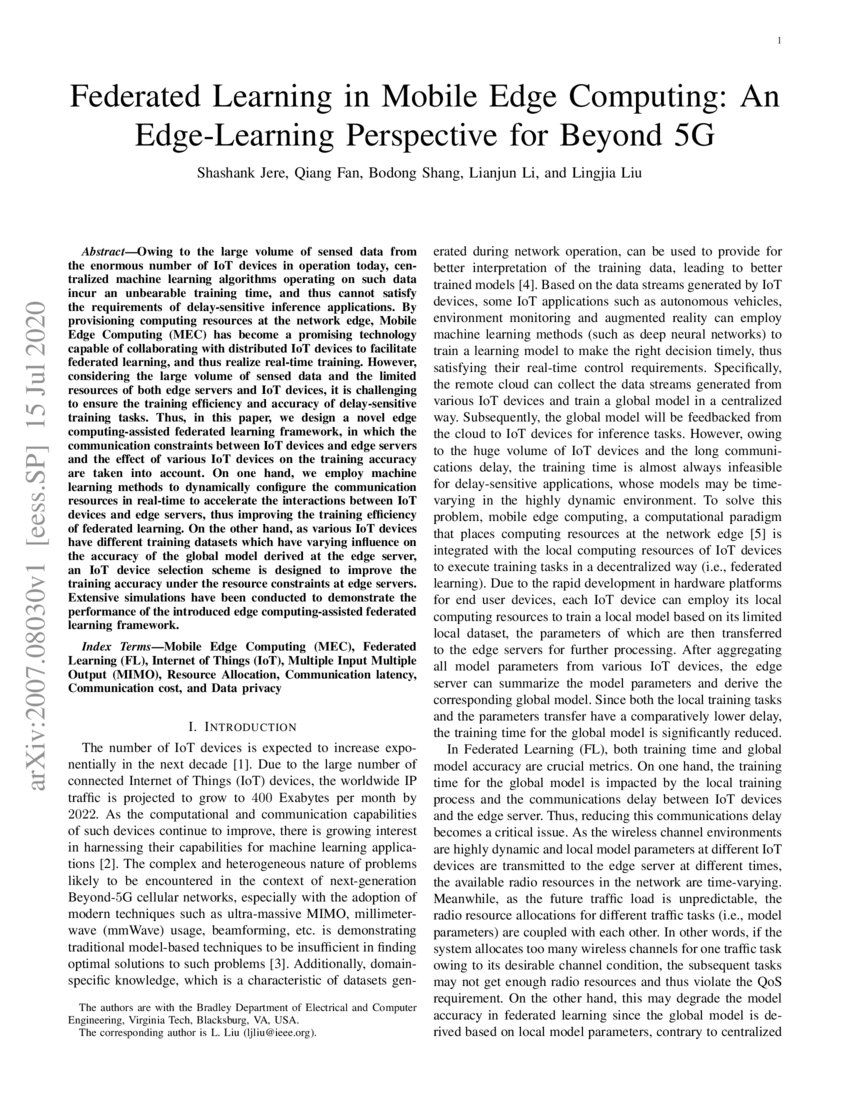 Federated Learning In Mobile Edge Computing An Edge Learning Perspective For Beyond 5g Deepai