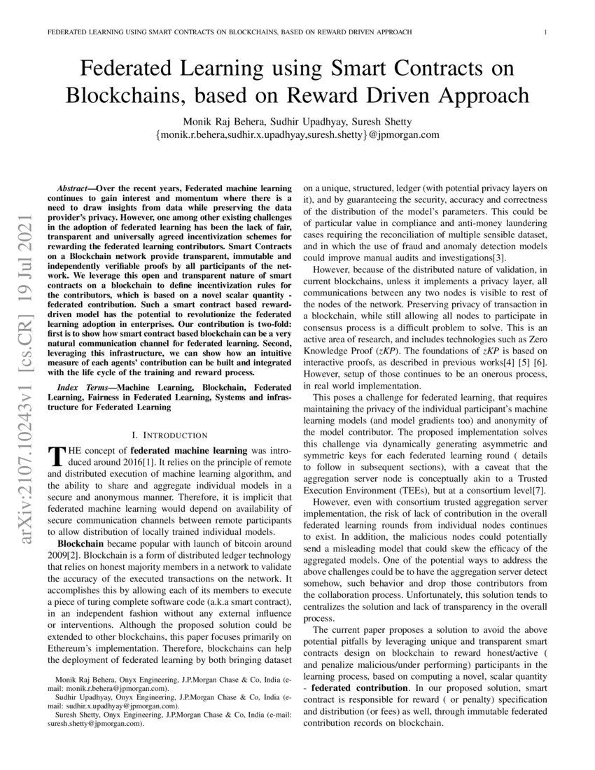 Federated Learning Using Smart Contracts On Blockchains Based On Reward Driven Approach Deepai