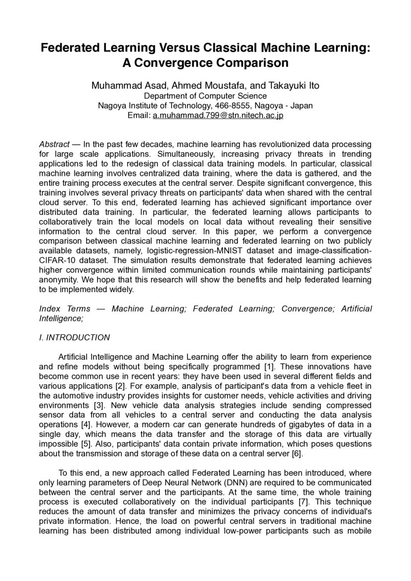 Federated Learning Versus Classical Machine Learning: A Convergence ...