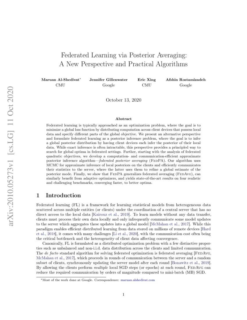 Federated Learning Via Posterior Averaging A New Perspective And Practical Algorithms Deepai 