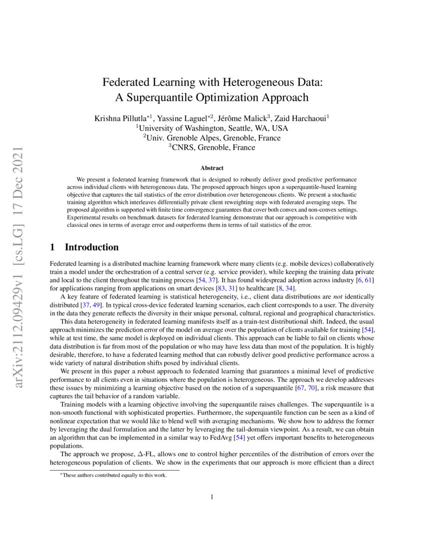 Federated Learning with Heterogeneous Data: A Superquantile Optimization Approach | DeepAI