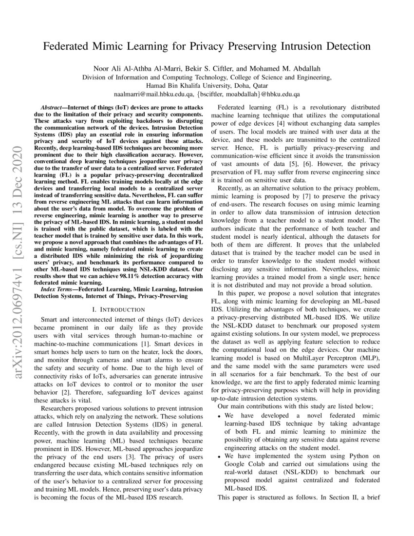 Federated Mimic Learning For Privacy Preserving Intrusion Detection
