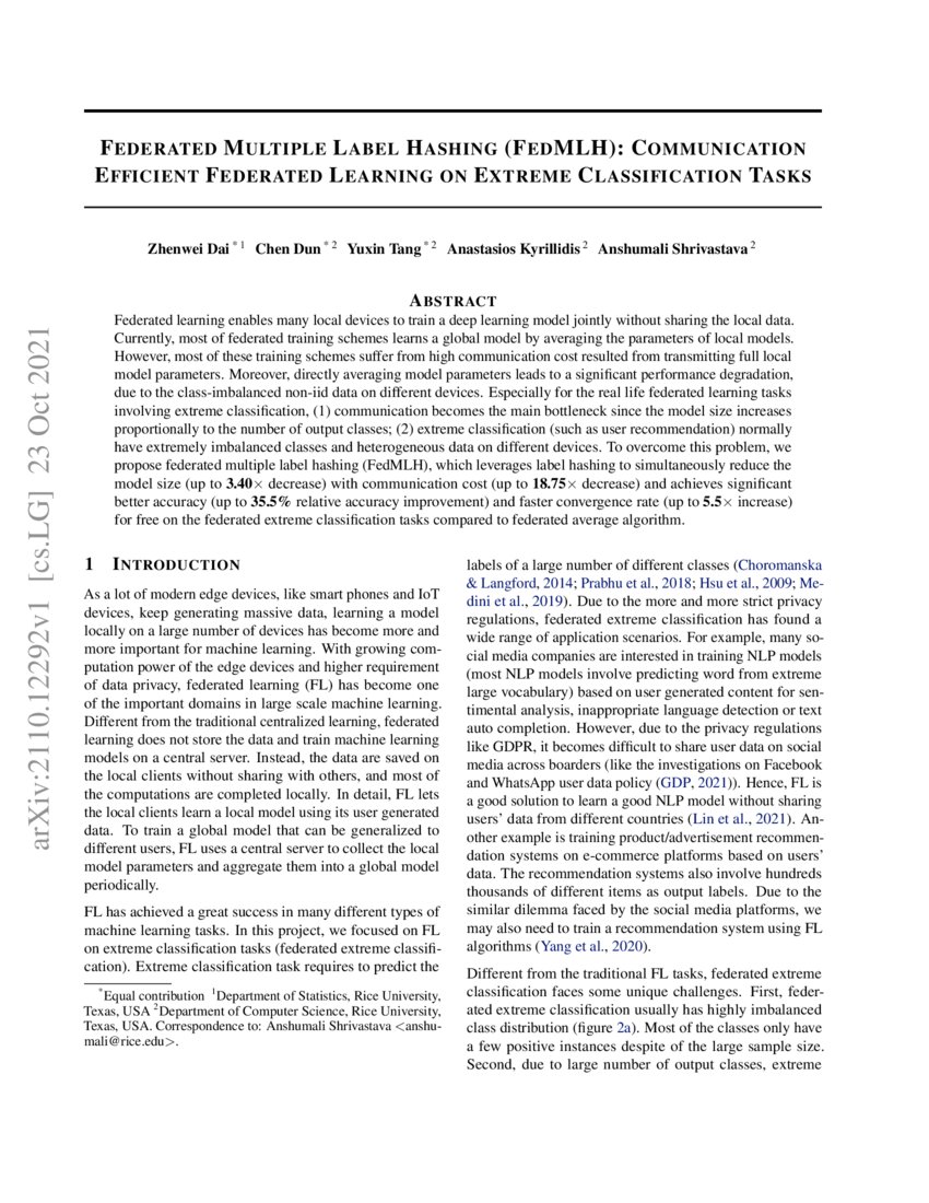 Federated Multiple Label Hashing (FedMLH): Communication Efficient Federated Learning on Extreme ...