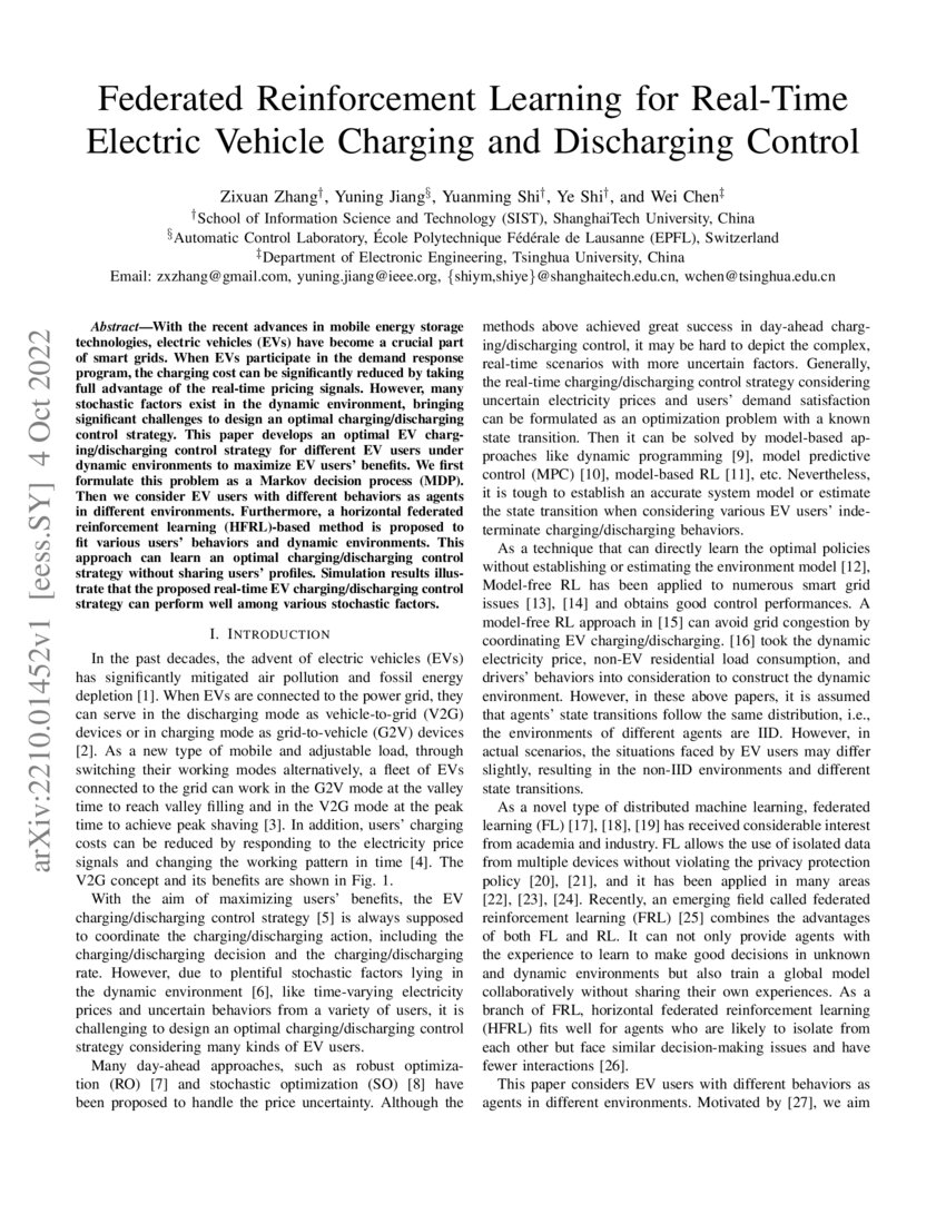 Federated Reinforcement Learning For Real Time Electric Vehicle