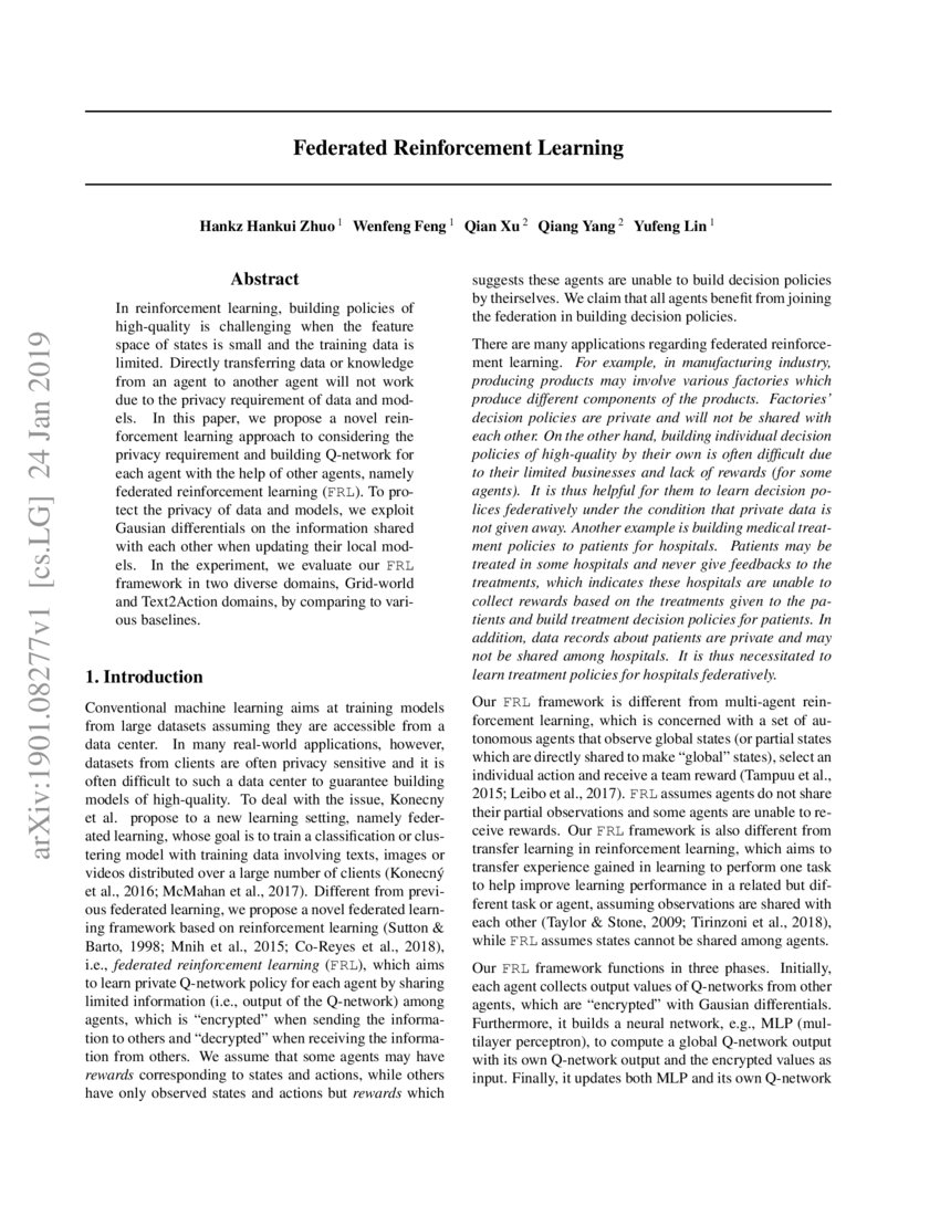 Federated Reinforcement Learning Deepai