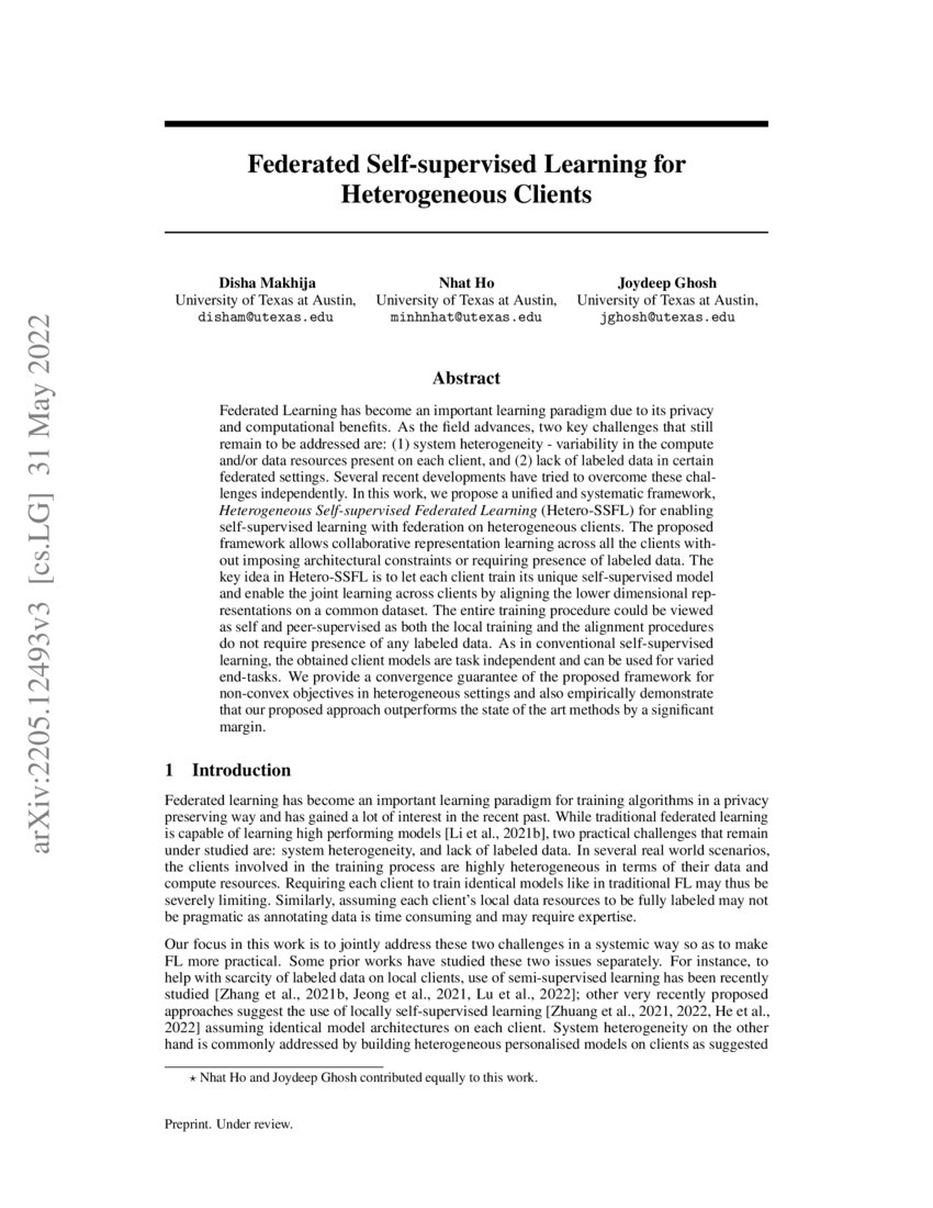 Federated Self-supervised Learning for Heterogeneous Clients | DeepAI