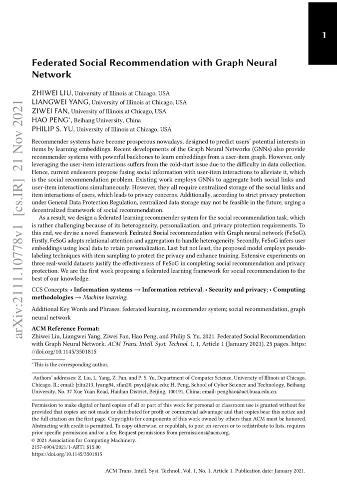 Federated Social Recommendation with Graph Neural Network | DeepAI