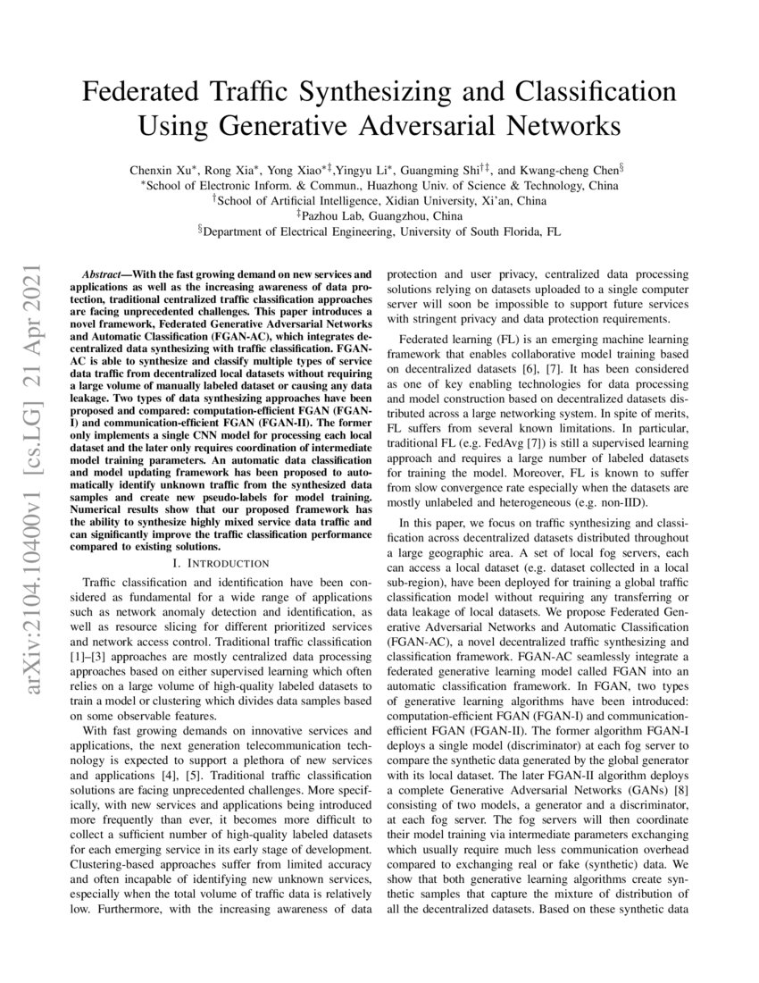Federated Traffic Synthesizing And Classification Using Generative Adversarial Networks Deepai