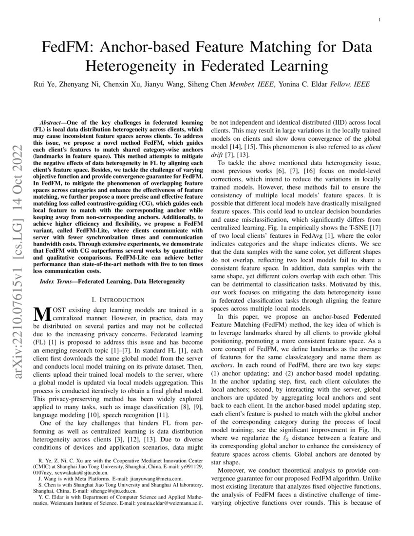 FedFM: Anchor-based Feature Matching for Data Heterogeneity in Federated Learning | DeepAI