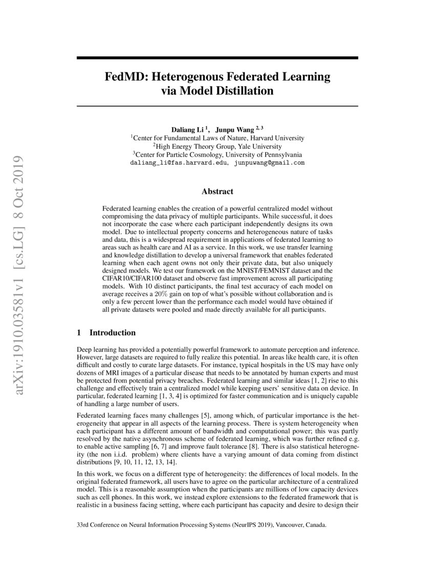 FedMD: Heterogenous Federated Learning via Model Distillation | DeepAI