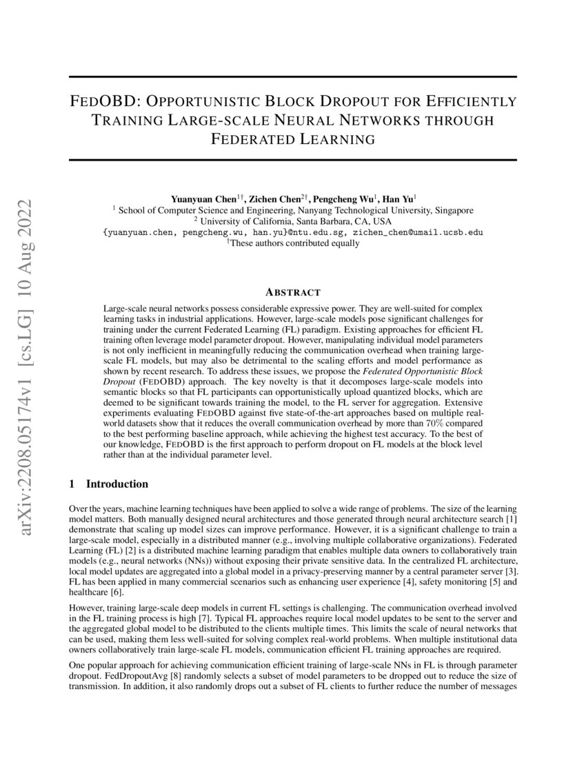 FedOBD: Opportunistic Block Dropout for Efficiently Training Large-scale Neural Networks through ...