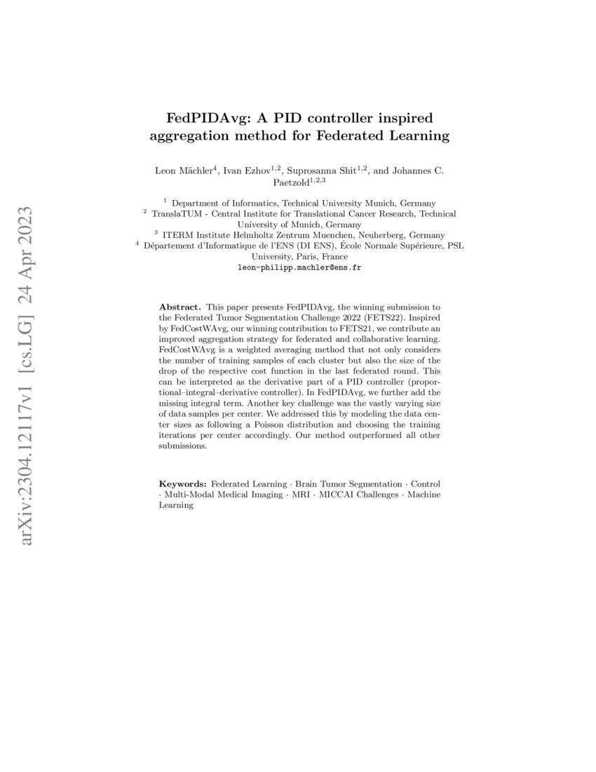 FedPIDAvg: A PID controller inspired aggregation method for Federated Learning | DeepAI