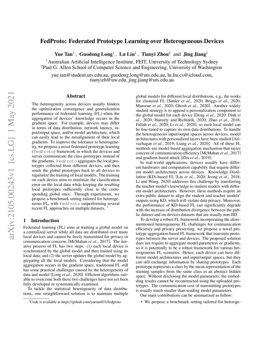 FedProto: Federated Prototype Learning over Heterogeneous Devices | DeepAI
