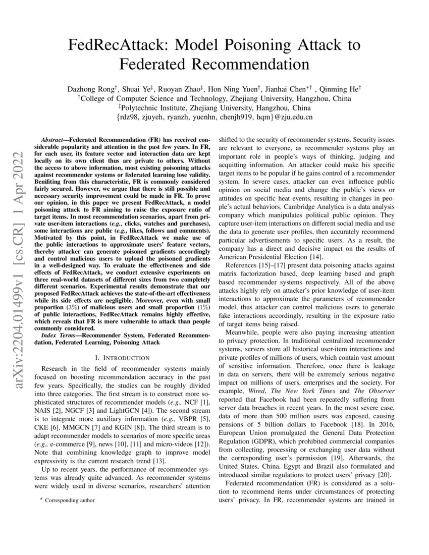 FedRecAttack: Model Poisoning Attack to Federated Recommendation | DeepAI